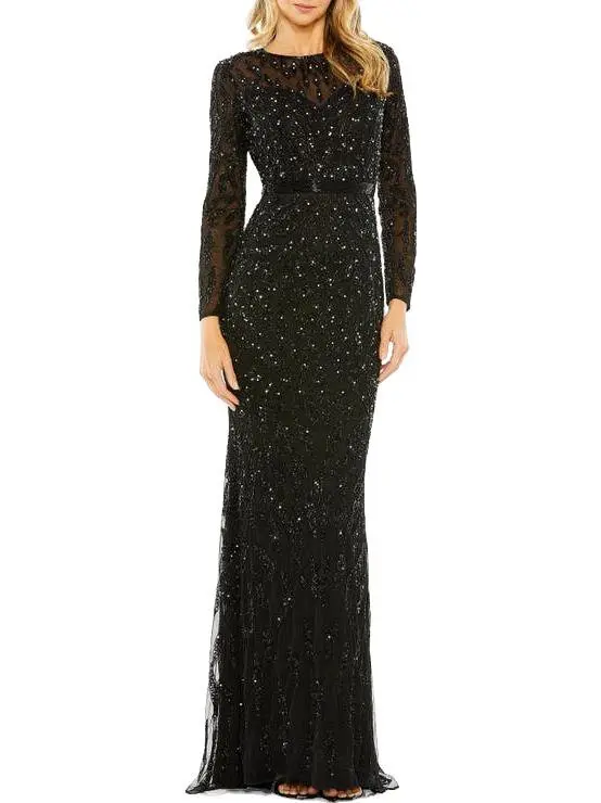 Mac Duggal Abstract Beaded Evening Gown - Black