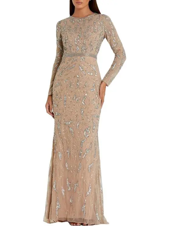 Mac Duggal Abstract Beaded Evening Gown - Mocha