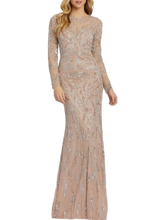 Mac Duggal Abstract Beaded Evening Gown - Mocha