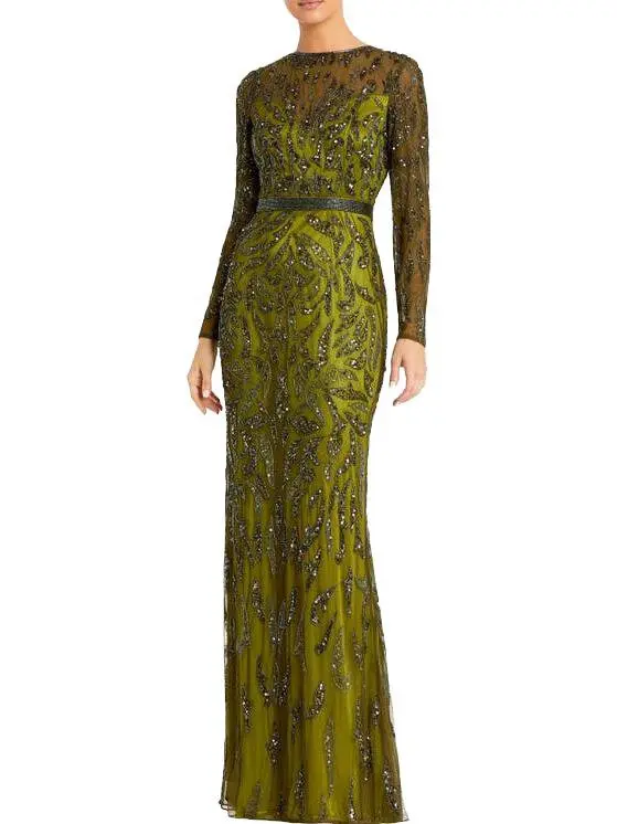 Mac Duggal Abstract Beaded Evening Gown - Olive