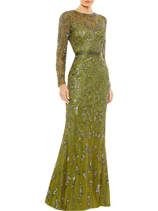Mac Duggal Abstract Beaded Evening Gown - Olive