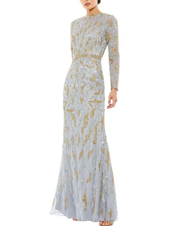 Mac Duggal Abstract Beaded Evening Gown - Platinum Gold