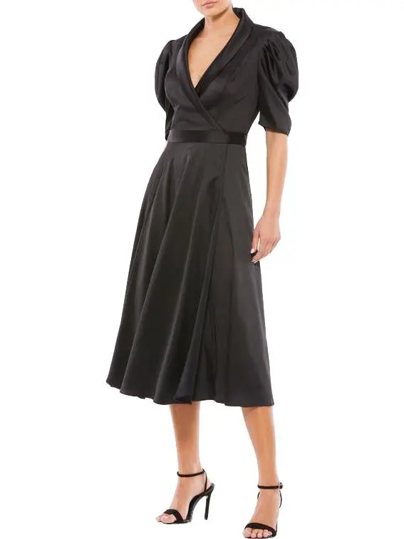 Mac Duggal Satin Lapel Tea-length Dress - Black
