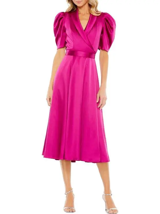 Mac Duggal Satin Lapel Tea-length Dress - Hot Pink