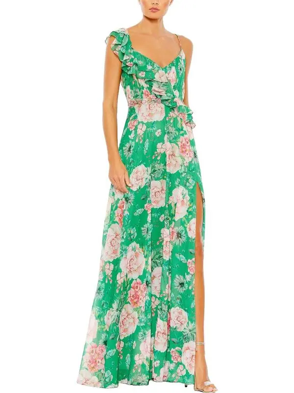 Mac Duggal Floral Print Ruffled A-line Gown - Green Multi