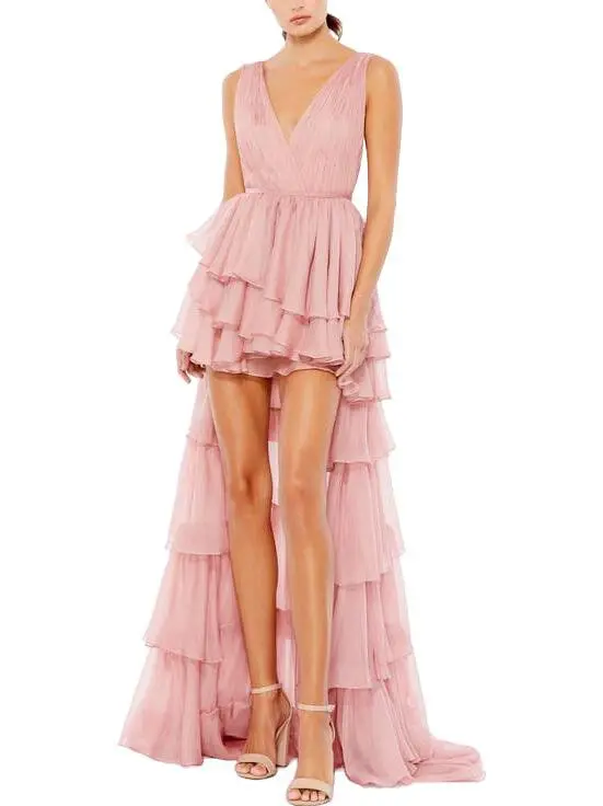 Mac Duggal High-low Tiered Gown With Bodysuit - Rose Pink