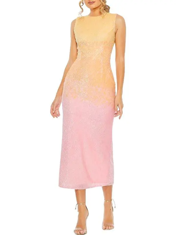 Mac Duggal High Neck Ombre Sequin Midi Sheath Dress - Sunset