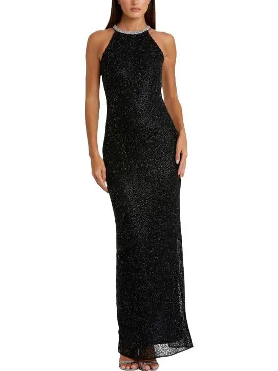 Mac Duggal Beaded Sleeveless High Neck Column Gown - Black