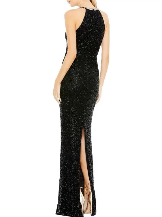 Mac Duggal Beaded Sleeveless High Neck Column Gown - Black