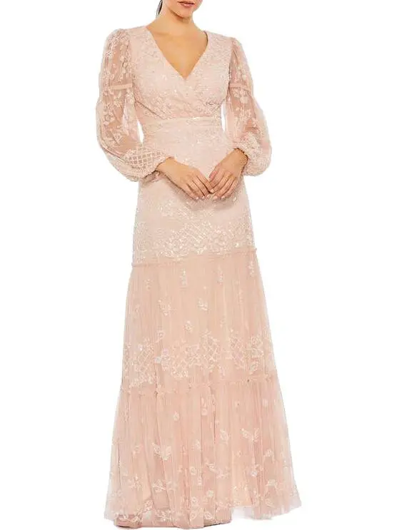 Mac Duggal Sequined Tiered Wrap-over Gown With Puff Sleeves - Blush