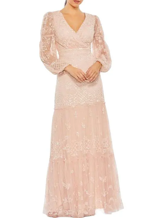 Mac Duggal Sequined Tiered Wrap-over Gown With Puff Sleeves - Blush