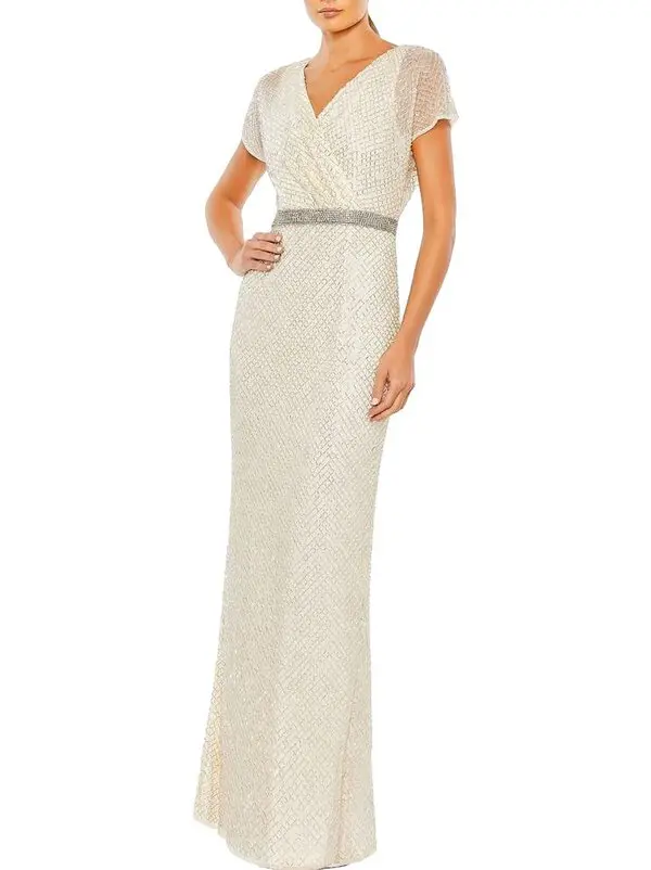 Mac Duggal Beaded Butterfly Sleeve Column Gown - Nude Silver