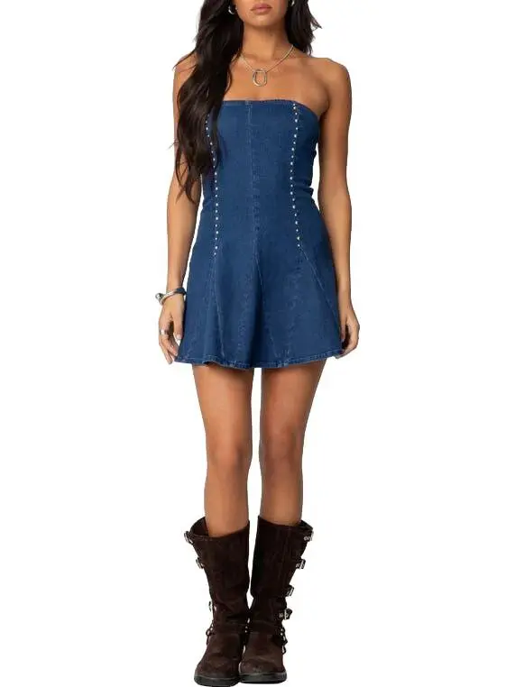 EDIKTED Fara Studded Strapless Godet Denim Minidress - Blue