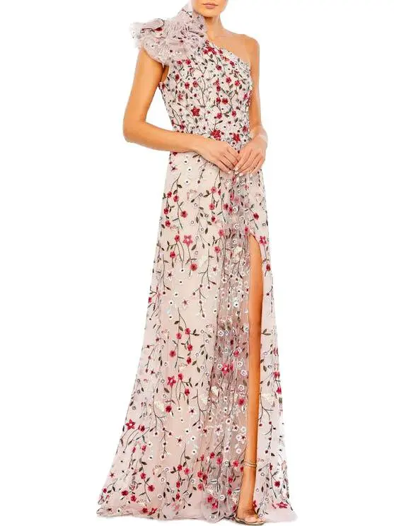 Mac Duggal Embellished Ruffled One-shoulder Gown - Rose Multi