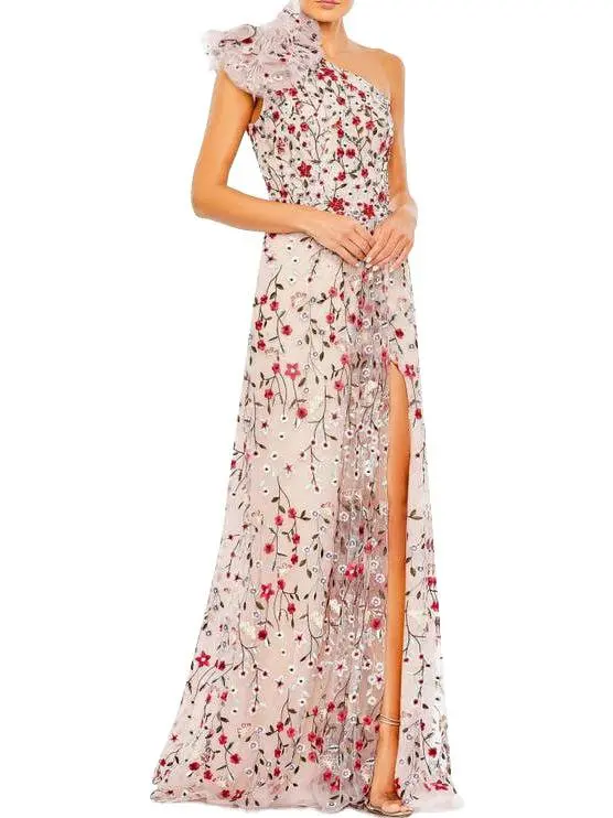 Mac Duggal Embellished Ruffled One-shoulder Gown - Rose Multi