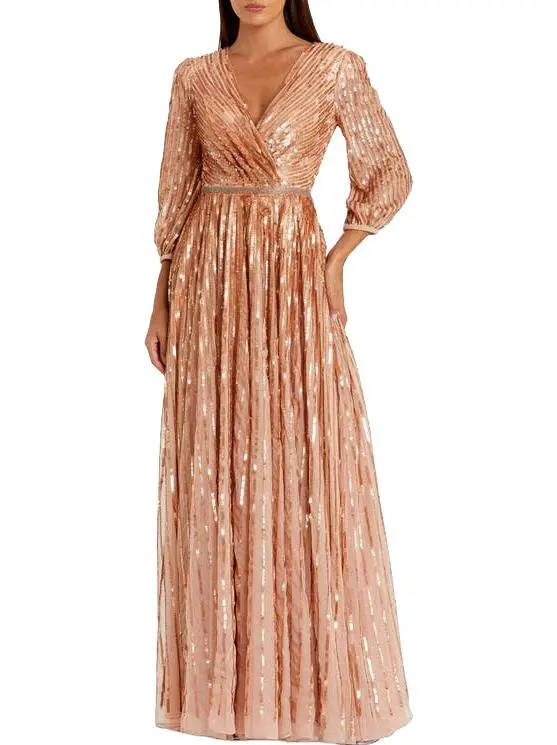 Mac Duggal Sequined Wrap Gown - Apricot