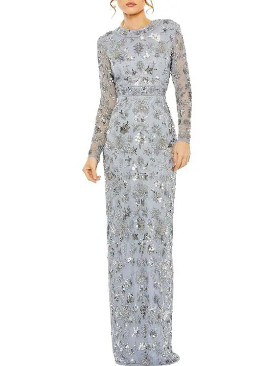 Mac Duggal High Neck Long Sleeve Embellished Column Gown - Slate Blue