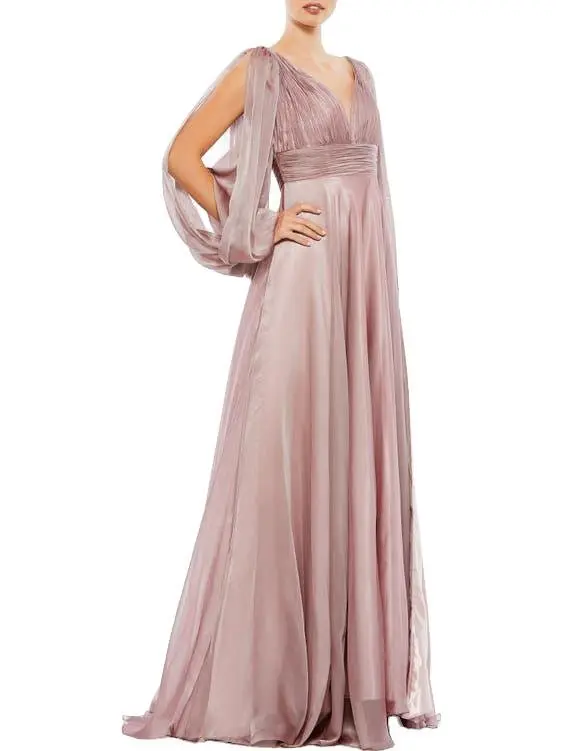 Mac Duggal Chiffon A-line Gown With Open Sleeves - Mocha