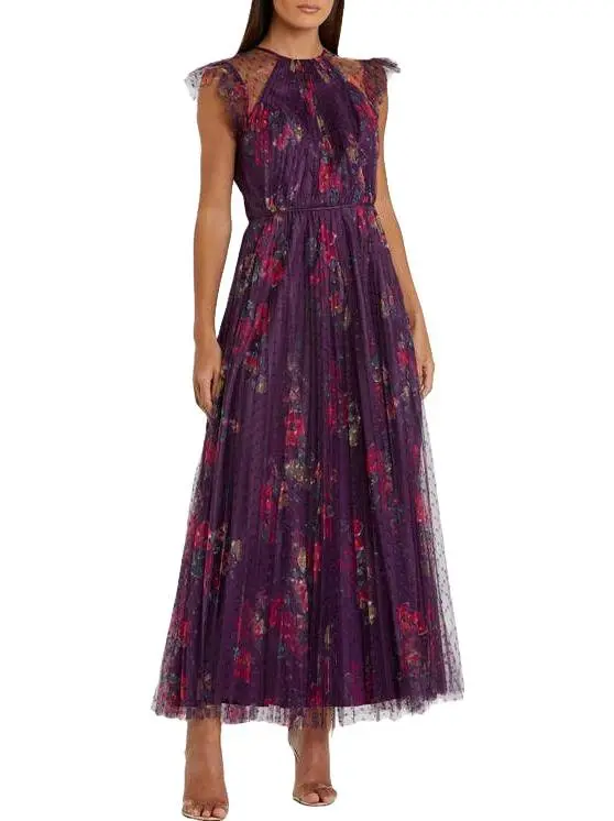Mac Duggal Floral Flutter Sleeve Midi Dress - Plum Multi