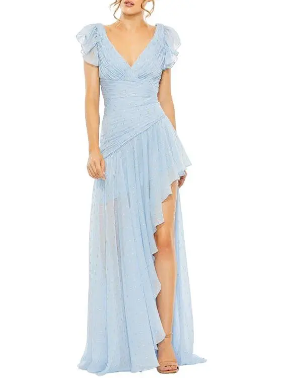 Mac Duggal Printed Asymmetrical Ruched Hem Gown - Ice Blue