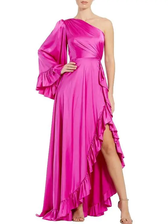 Mac Duggal One-sleeve Asymmetrical Ruffle Hem Gown - Magenta
