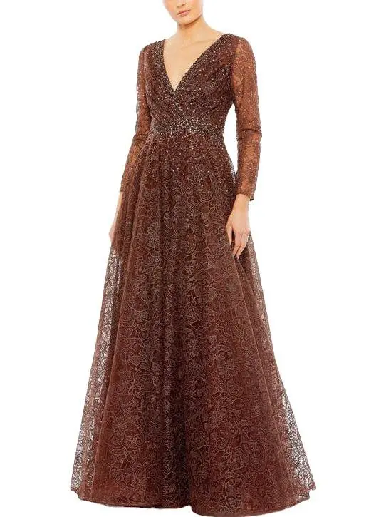 Mac Duggal Embellished Illusion Long Sleeve Gown - Chocolate