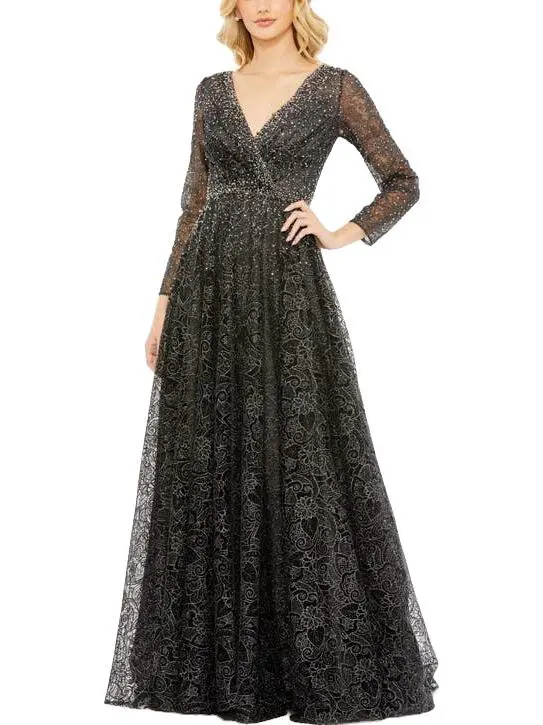 Mac Duggal Embellished Illusion Long Sleeve Gown - Graphite