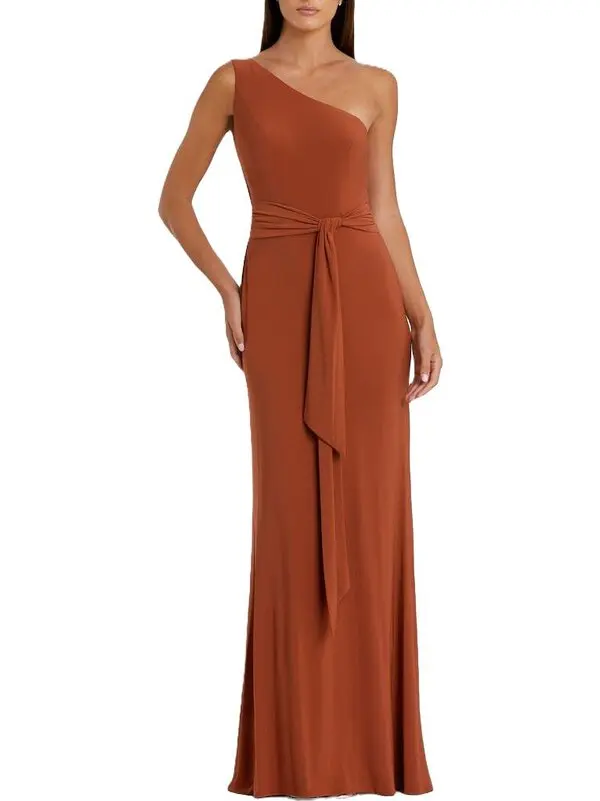 Mac Duggal Jersey One-shoulder Trumpet Gown - Brick
