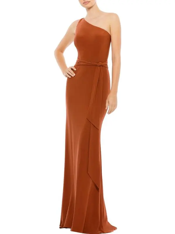 Mac Duggal Jersey One-shoulder Trumpet Gown - Brick