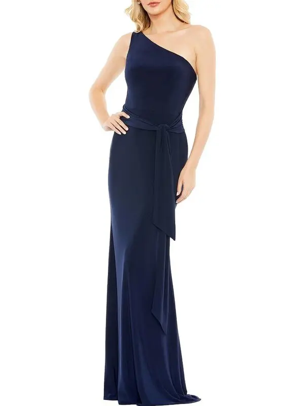 Mac Duggal Jersey One-shoulder Trumpet Gown - Midnight