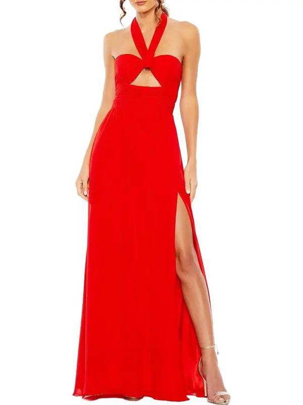 Mac Duggal Ruched Halter Keyhole Chiffon Gown - Red