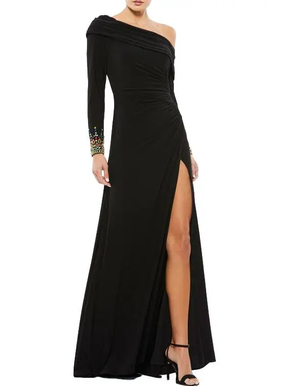 Mac Duggal Jeweled Cuff Faux Wrap Gown - Black Multi