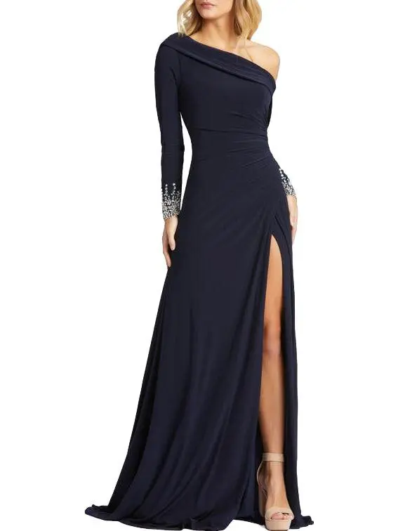 Mac Duggal Drop Shoulder Gown With Beaded Cuffs - Midnight