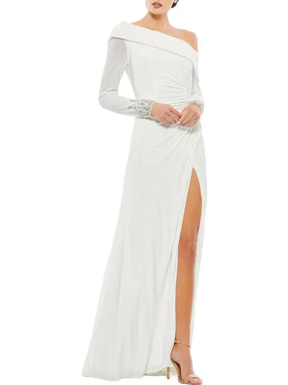 Mac Duggal Jeweled Cuff Faux Wrap Gown - White