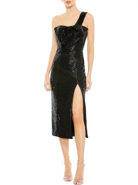 Mac Duggal Sequined One Shoulder Bow Dress - Black