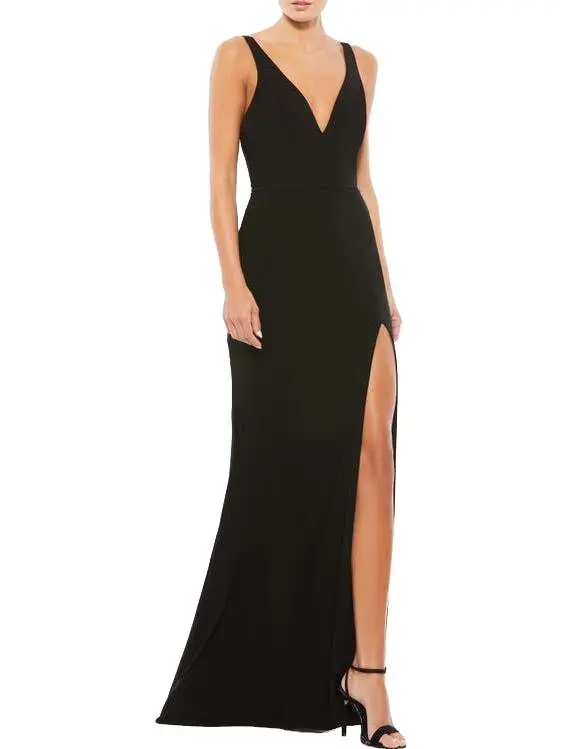 Mac Duggal Plunge Neck Gown With High Slit - Black
