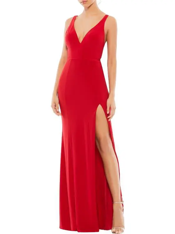 Mac Duggal Plunge Neck Gown With High Slit - Red
