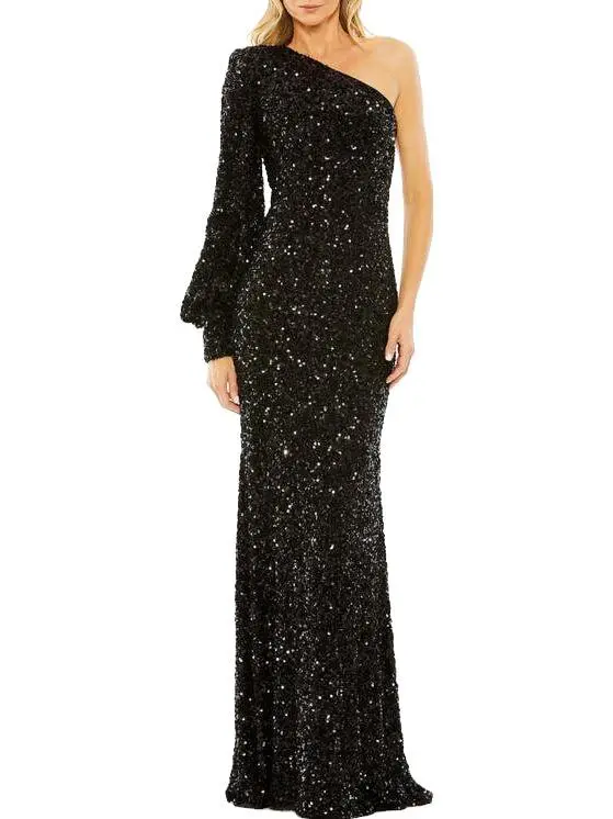 Mac Duggal Sequined One Shoulder Trumpet Gown - Black