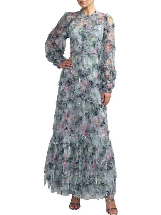 Mac Duggal Floral Chiffon High-neck Gown - Platinum Multi