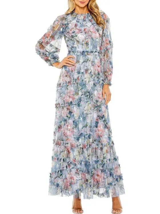 Mac Duggal Floral Chiffon High-neck Gown - Platinum Multi