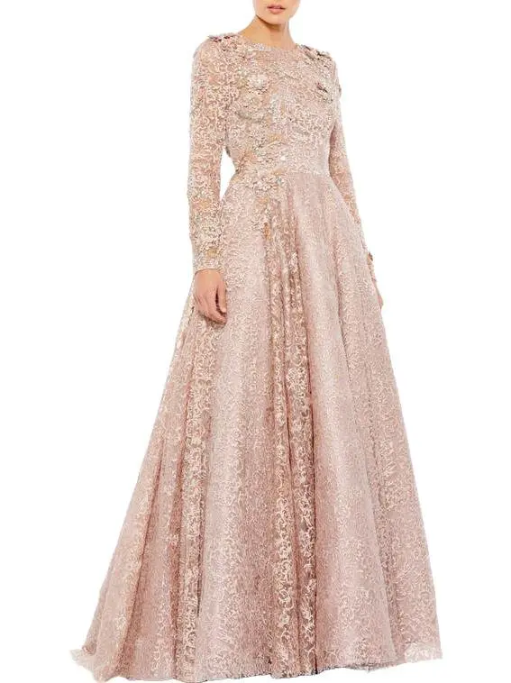 Mac Duggal Embellished Illusion Long Sleeve A-line Gown - Mocha