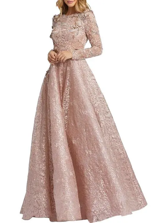 Mac Duggal Embellished Illusion Long Sleeve A-line Gown - Mocha