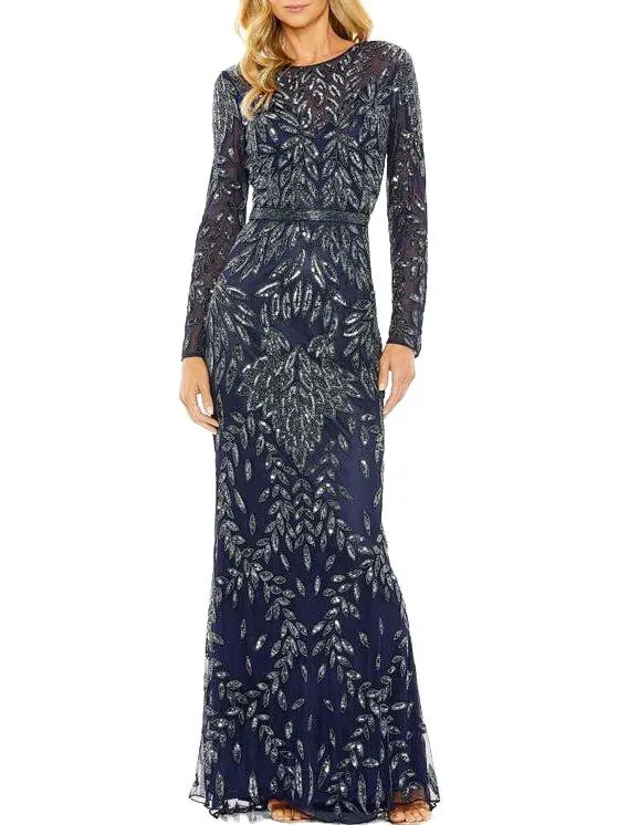 Mac Duggal Long Sleeve Embellished Gown - Midnight