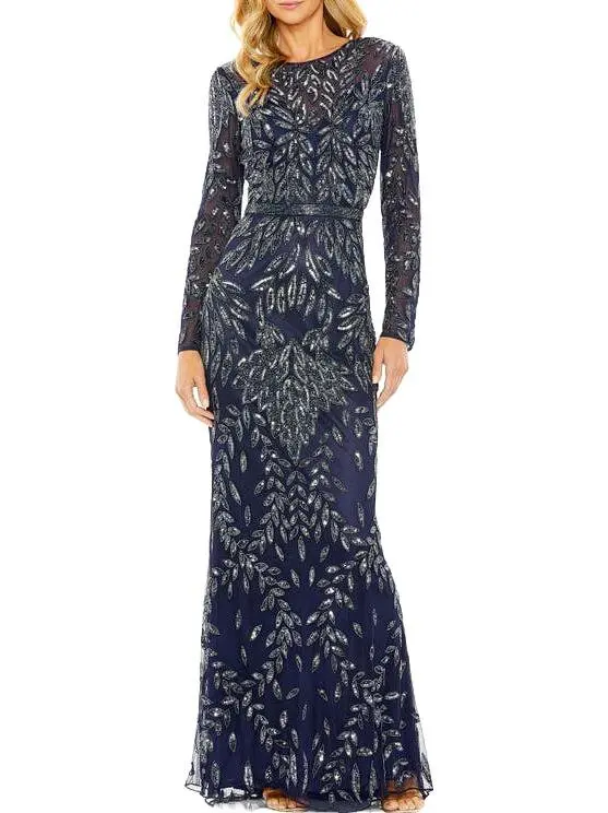 Mac Duggal Long Sleeve Embellished Gown - Midnight