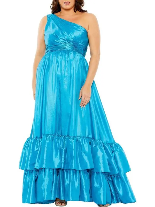 Mac Duggal Asymmetrical One Shoulder Ruffle Hem Gown - Turquoise
