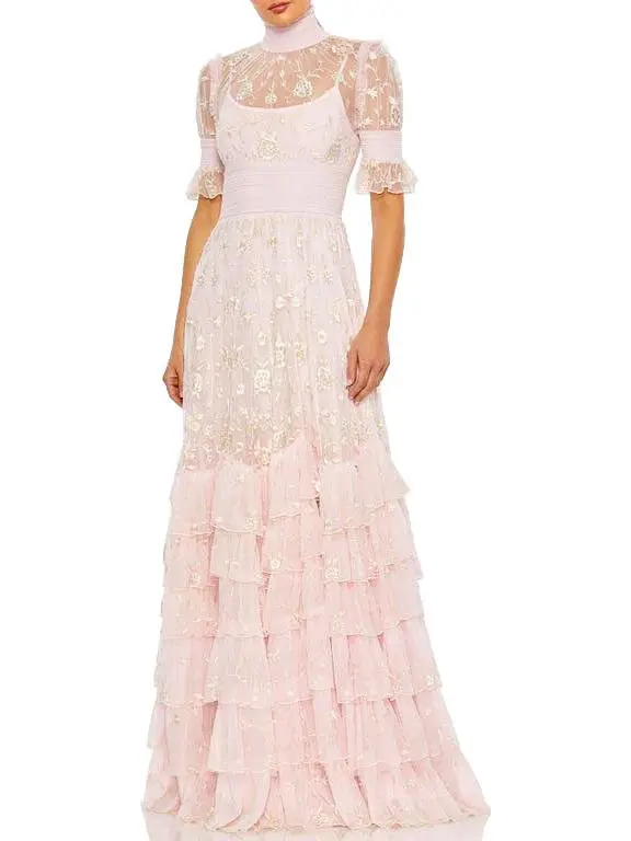 Mac Duggal Embroidered Tiered Gown With Smocked Neckline - Rose Pink
