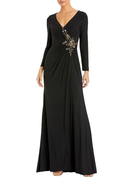 Mac Duggal Faux Wrap Appliqué Gown - Black