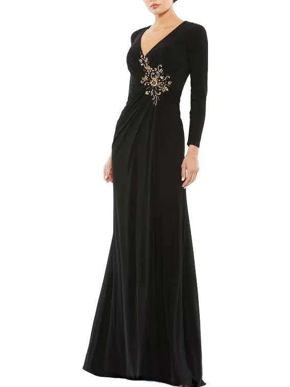 Mac Duggal V-neck Long Sleeve Appliqué Gown - Black