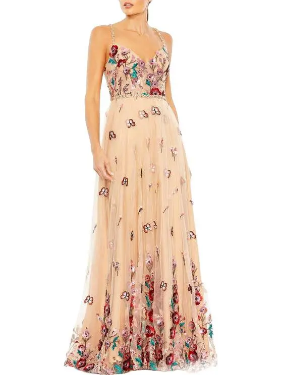 Mac Duggal Bead And Gemstone-encrusted A-line Gown - Beige Multi