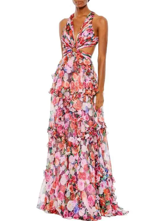 Mac Duggal Ruffled Cut-out Sleeveless Gown - Multi